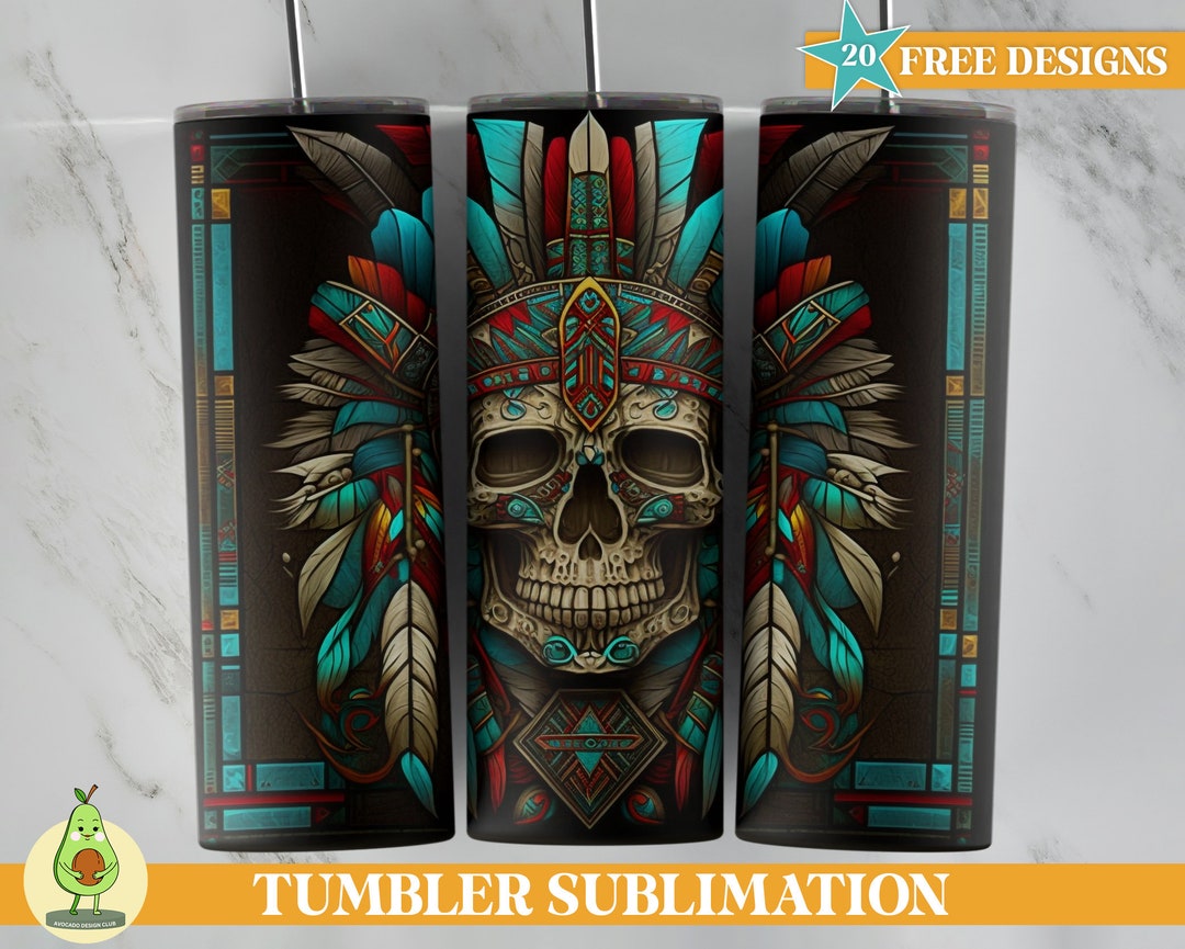 Aztec Stained Glass Skull Tumbler PNG, Aztec Skull Tumbler Wrap 20 Oz ...