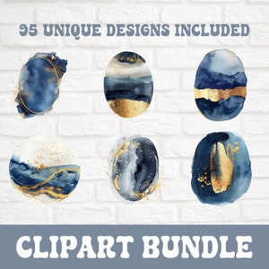 Navy Gold Watercolor Elements, Brush Strokes, Gold Frame With Navy Blue ...