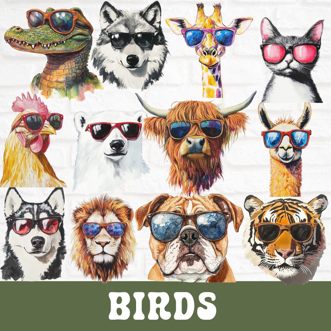 Animals With Sunglasses Clipart, Whimsical Animal Clipart, Watercolor ...