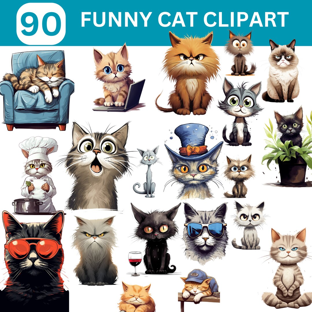 Quirky Cat Clipart Bundle, Funny Cat Png, Cute Kitten Clipart ...