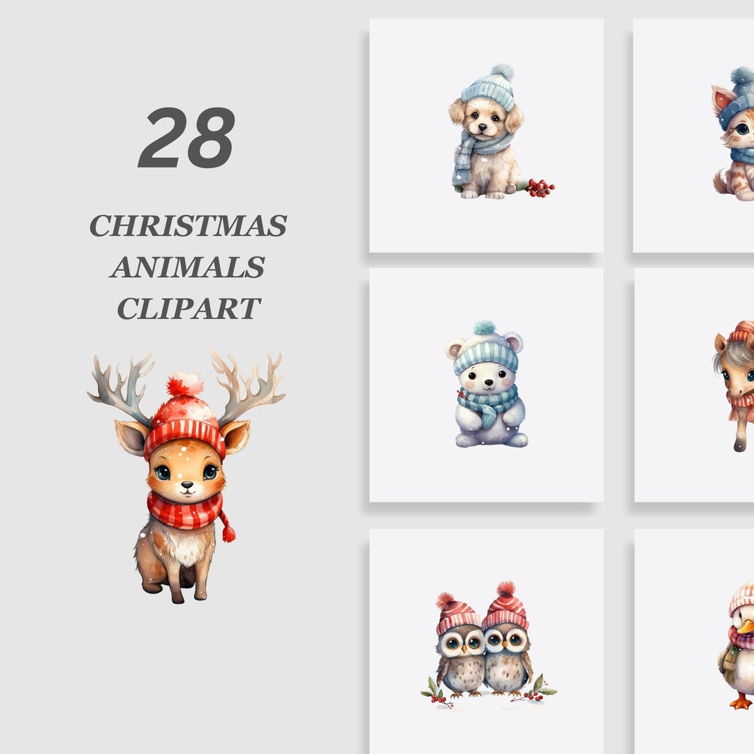 Cute Christmas Animal Clipart, Watercolor Christmas Clipart Bundle ...