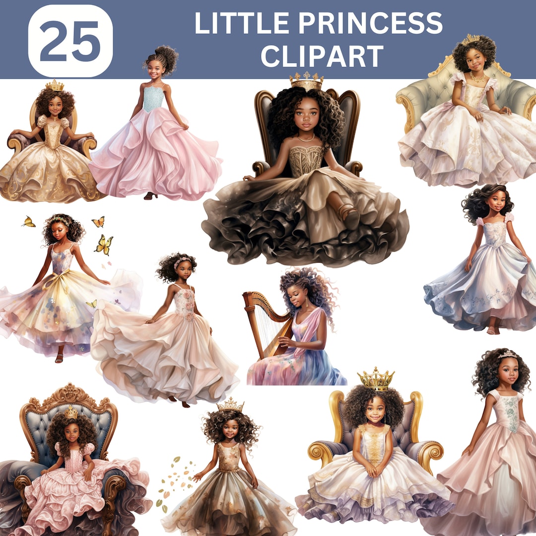 African American Little Princess Clipart Bundle, Baby Princess Clipart ...