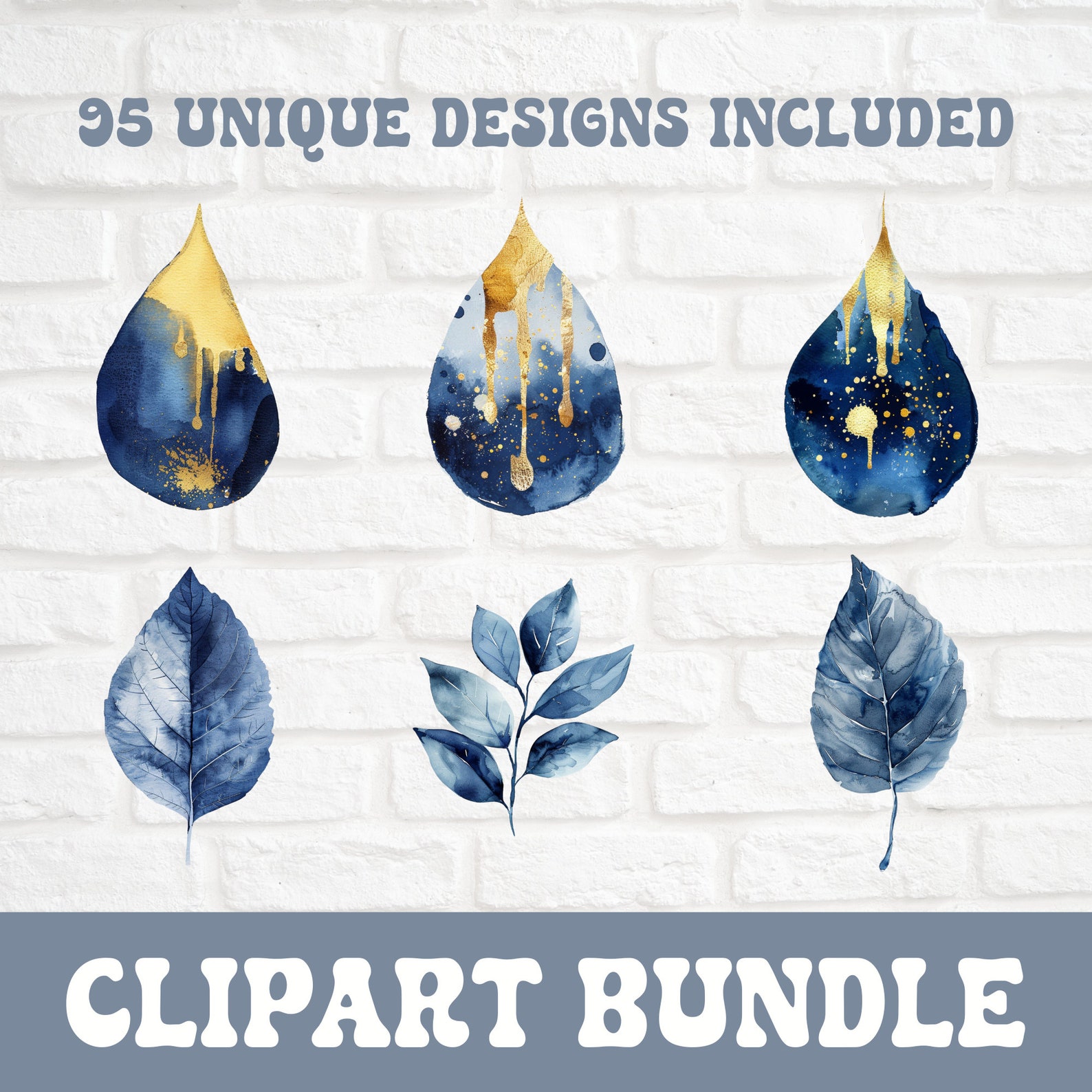 Navy Gold Watercolor Elements, Brush Strokes, Gold Frame With Navy Blue ...