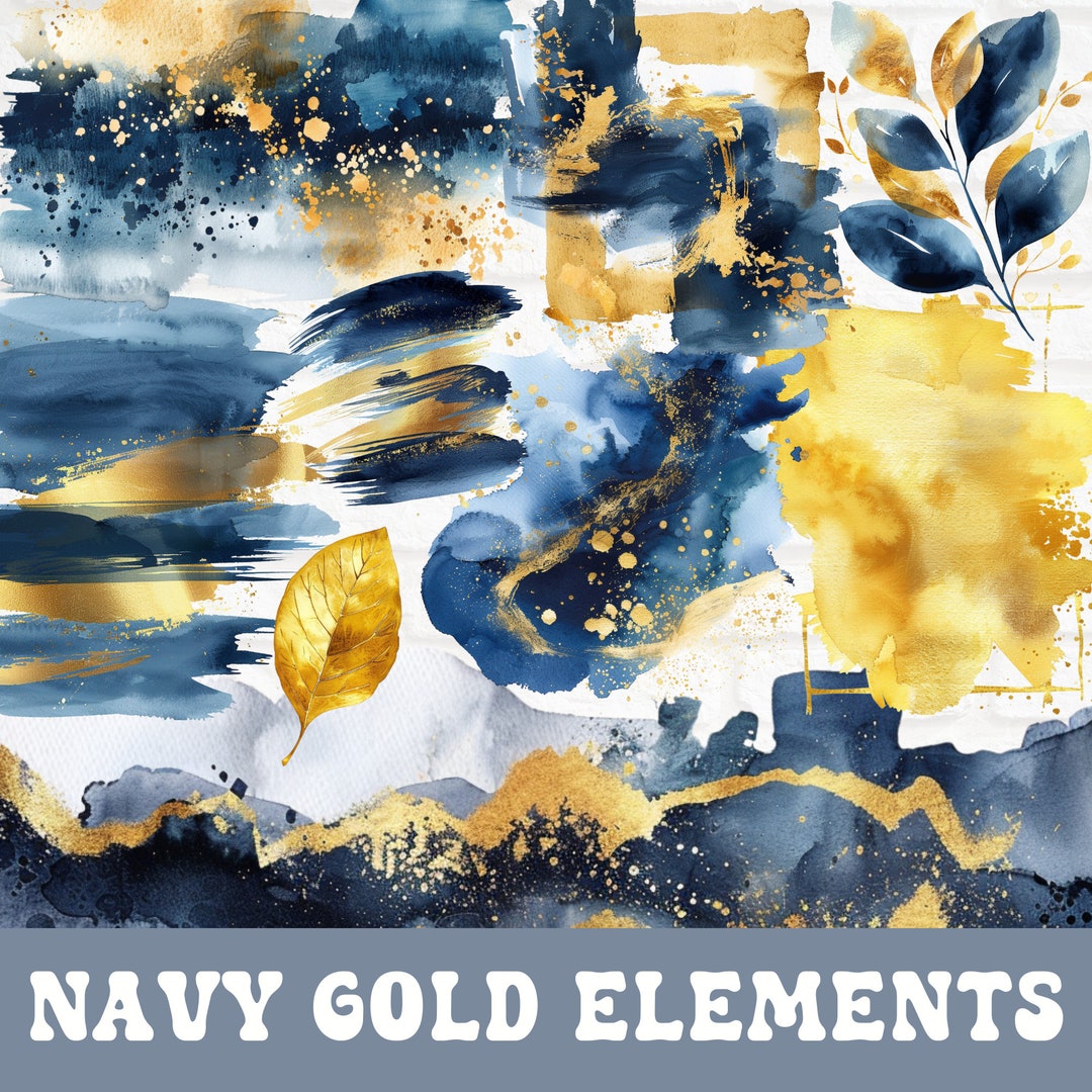 Navy Gold Watercolor Elements, Brush Strokes, Gold Frame With Navy Blue ...