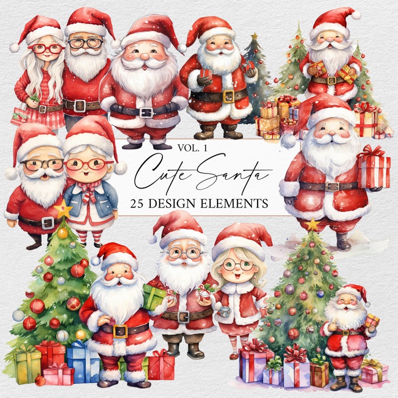 Santa Clipart Bundle Christmas Clipart Bundle Watercolor Etsy
