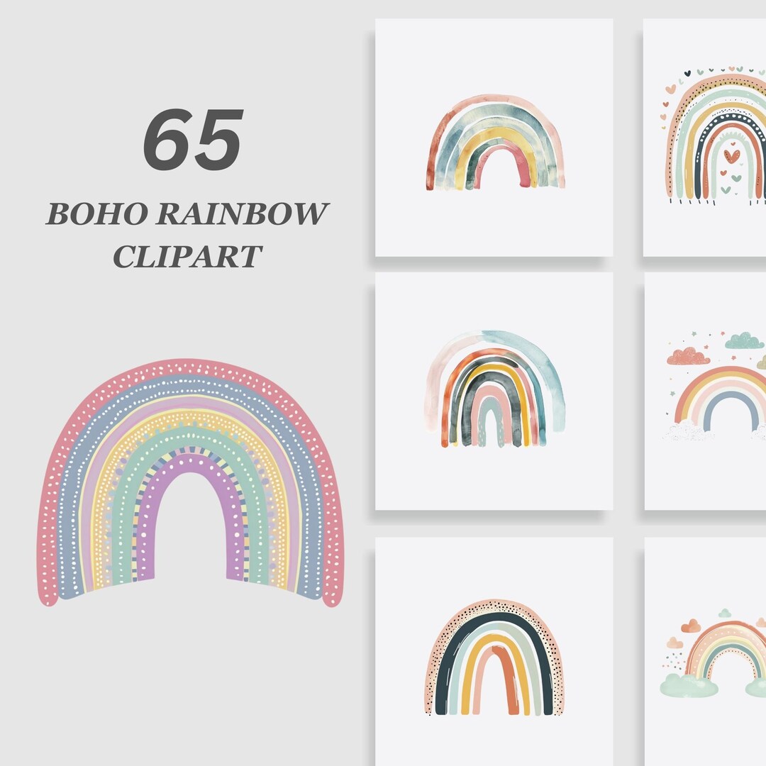 Boho Rainbow Clipart Bundle, Scandinavian Rainbow Clipart, Watercolor ...