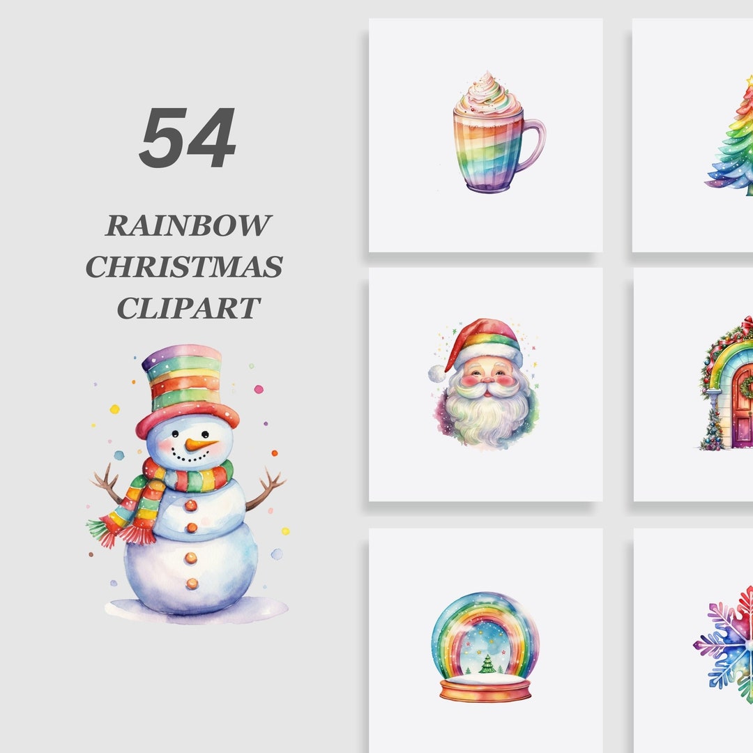 Watercolor Rainbow Christmas Clipart Bundle, Rainbow Holiday Clipart ...