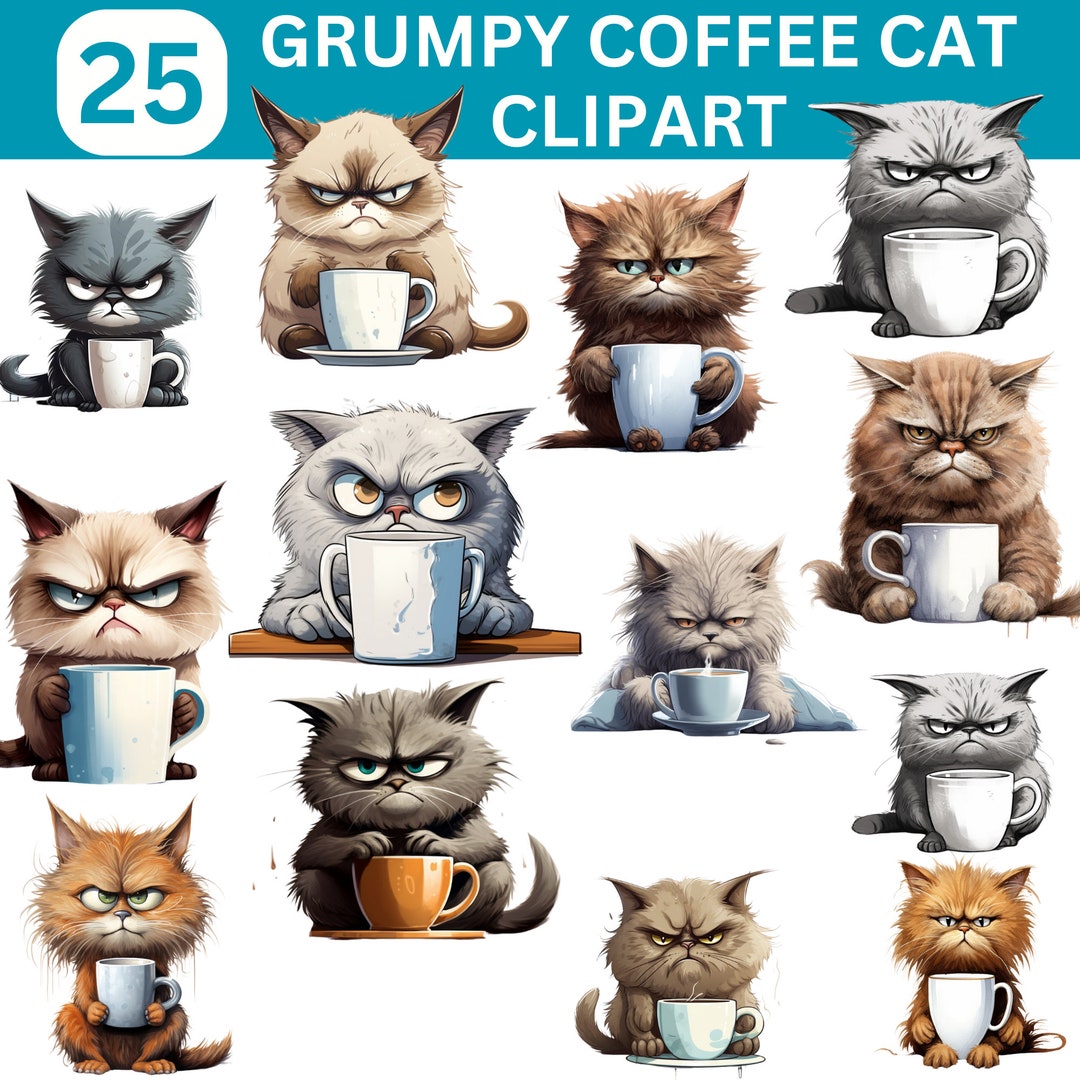 Grumpy Coffee Cat Clipart Bundle, Morning Cat Clipart, Grumpy Cat ...