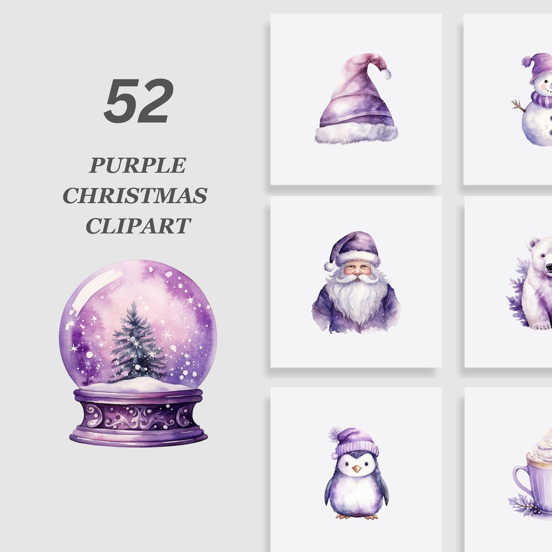 Purple Christmas Clipart Bundle, Watercolor Purple Santa Clipart ...