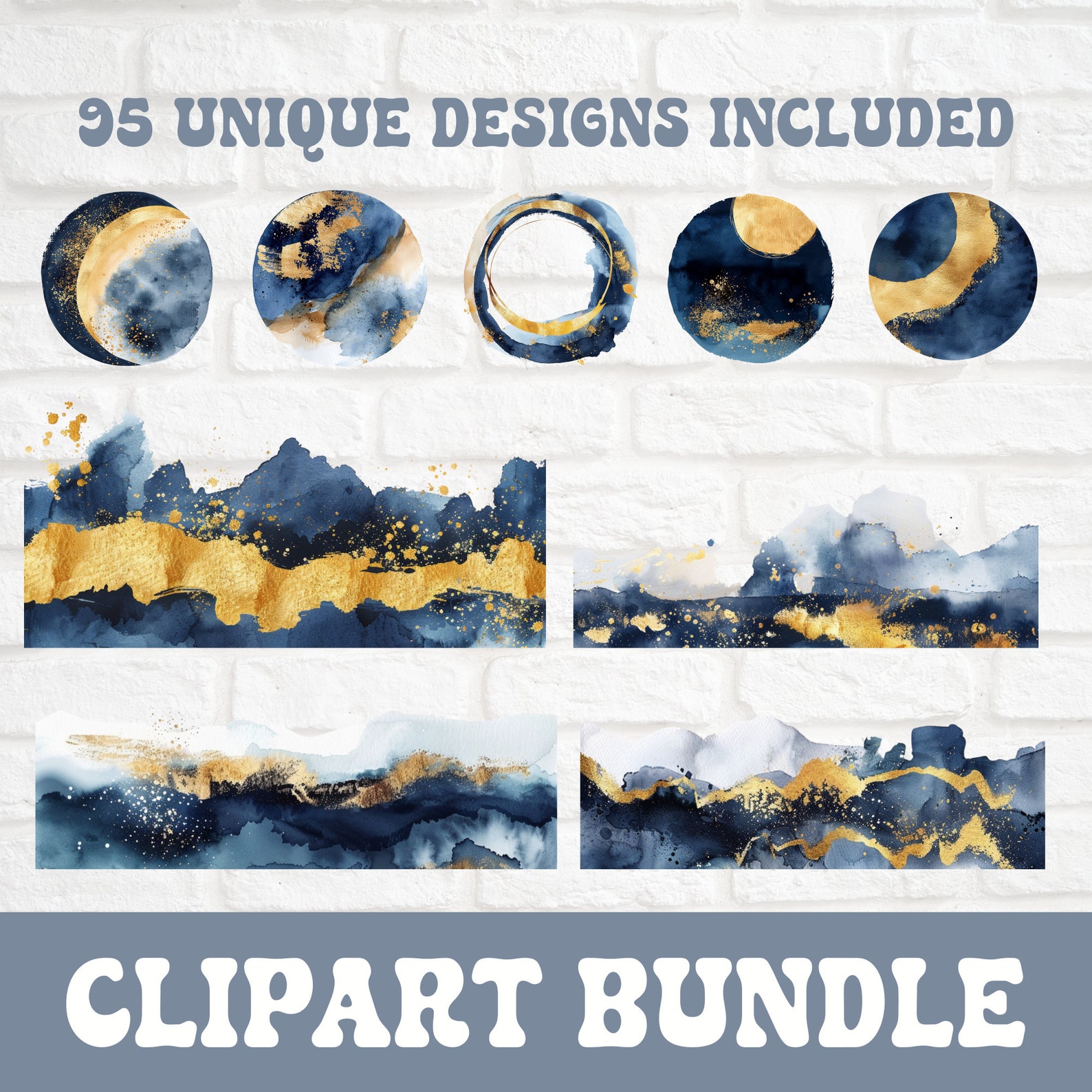 Navy Gold Watercolor Elements, Brush Strokes, Gold Frame With Navy Blue ...