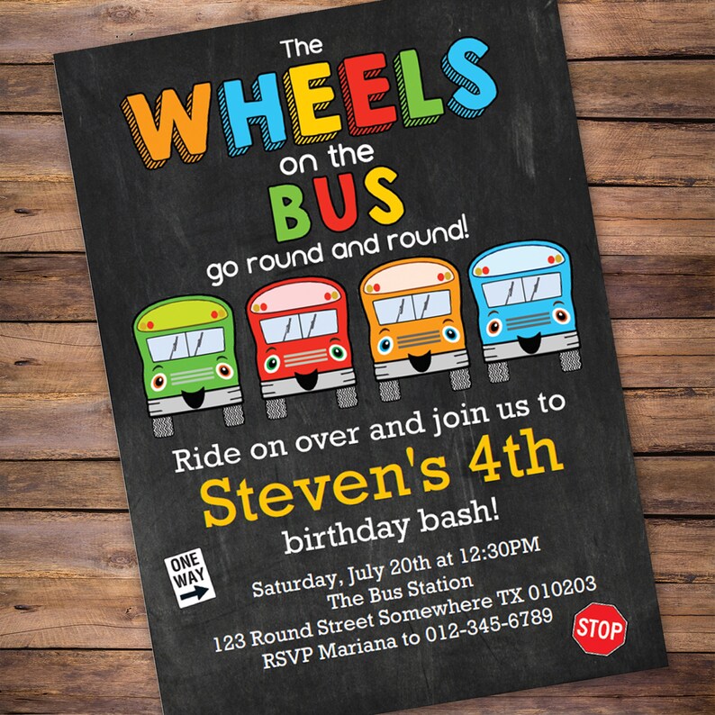 Wheels on the Bus Invitation Colorful Bus Bus Birthday - Etsy