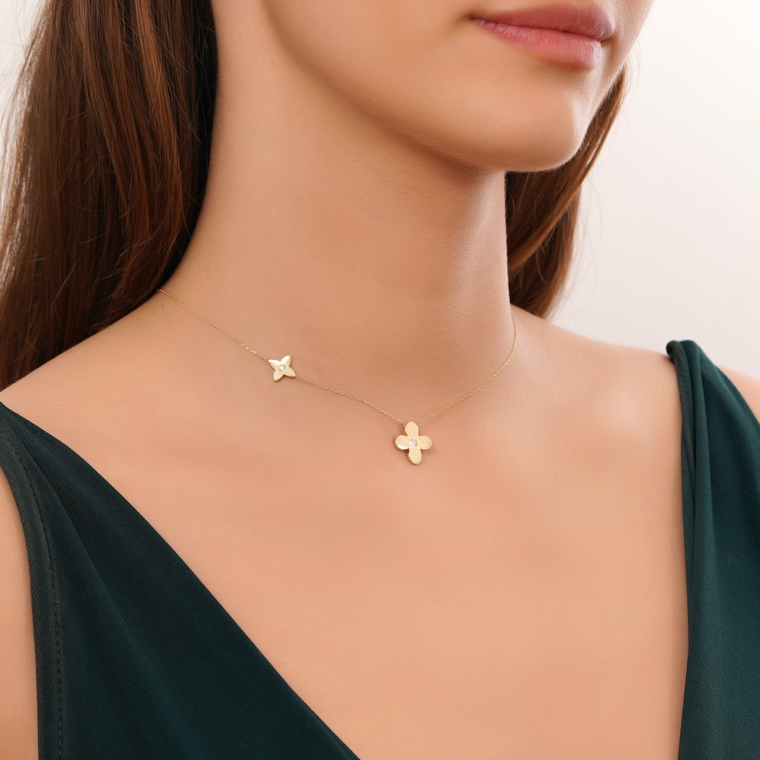 14K Solid Gold Flower Star Diamond Chain Necklace / 0.09 CTW Natural ...