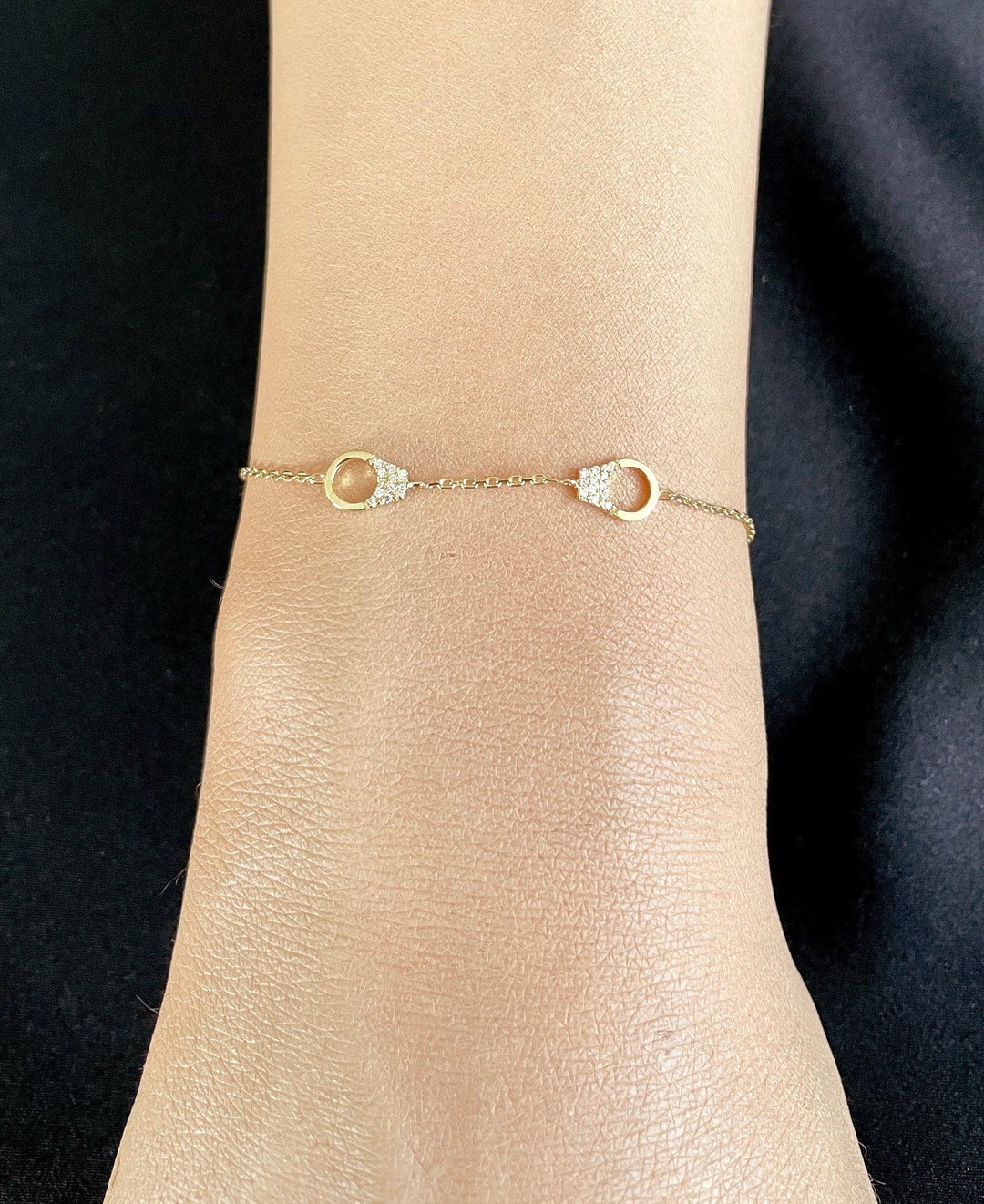 14K Solid Gold & Diamond Handcuff Bracelet / 0.06 CTW Natural Diamonds ...