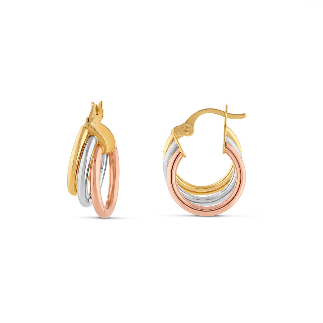 14K Gold Tricolor Hoop Round Tube Earrings / 3.15mm / White, Yellow or ...