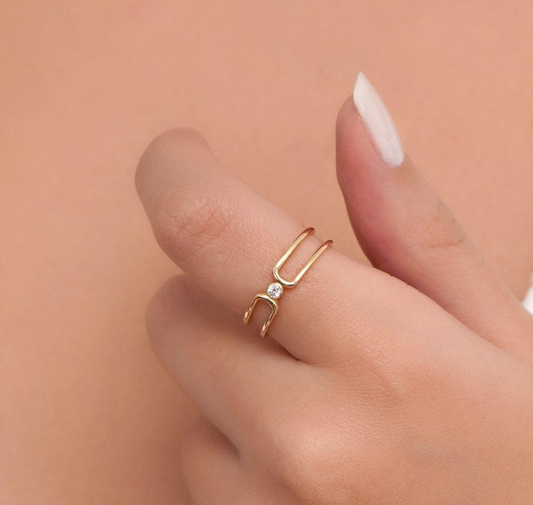 14K Gold Double Line Ring Center Diamond / Customizable / Stacking / Statement / Minimalist ...