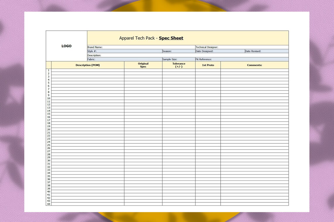 Fashion Design Tech Pack Spec Sheet Template - Etsy