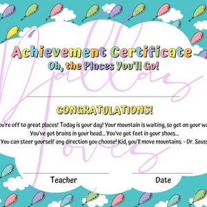Oh the Places You’ll Go / Dr. Seuss / Achievement Certificate for ...