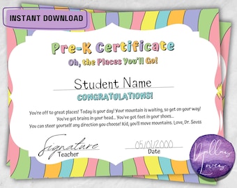 Oh the Places You’ll Go / Dr. Seuss / Pre-k Certificate for Graduation ...