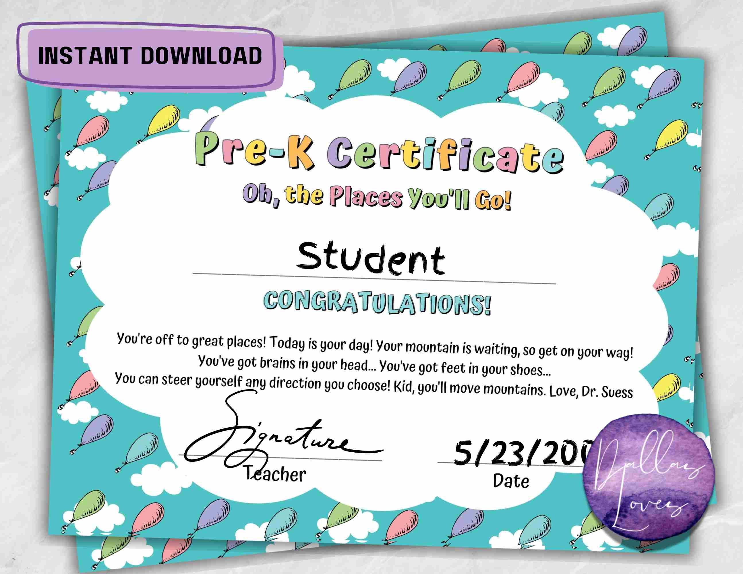 Oh the Places You’ll Go / Dr. Seuss / Pre-k Certificate for Graduation ...