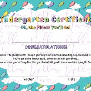 Oh the Places You’ll Go / Dr. Seuss / Kindergarten Certificate for ...