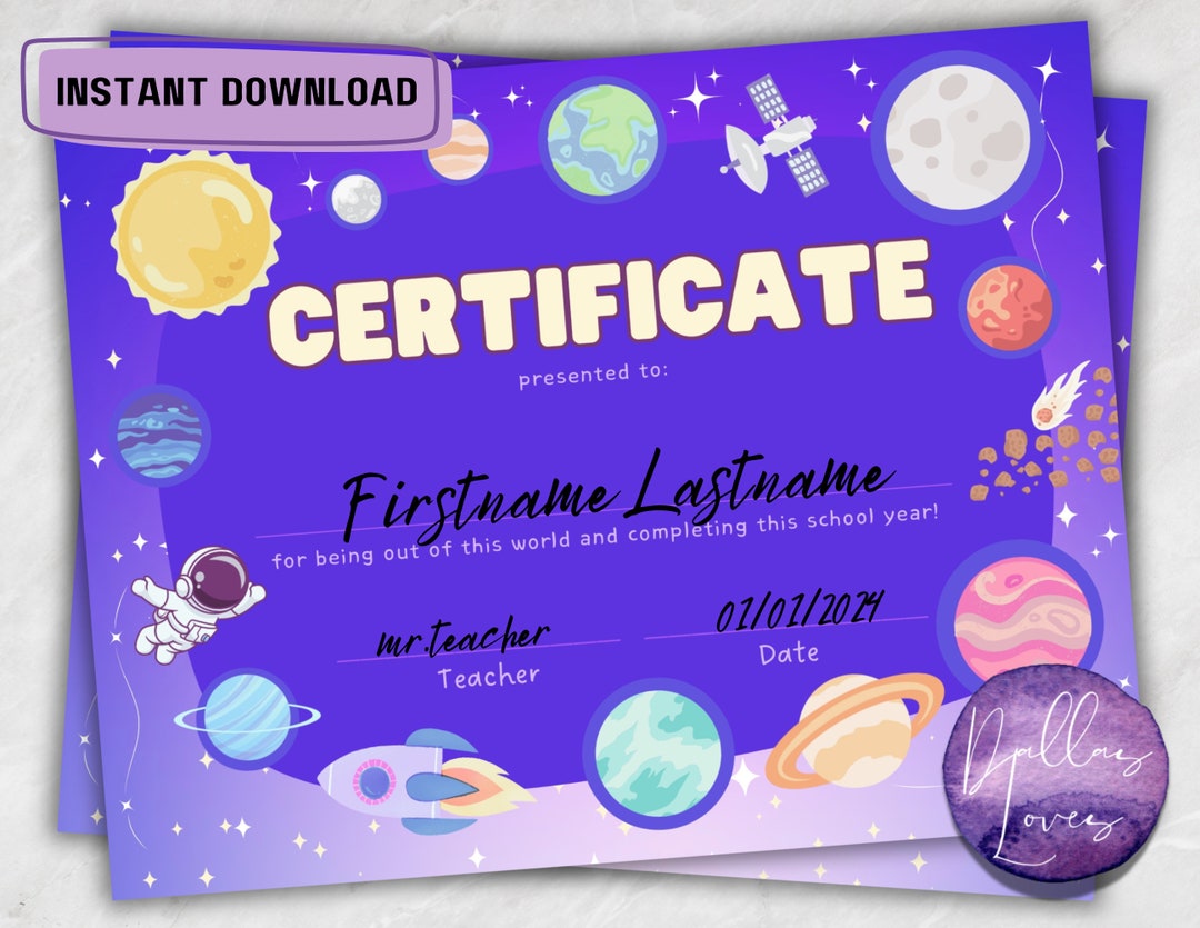 Space Theme / Out of This World Certicate / Any Grade / School ...