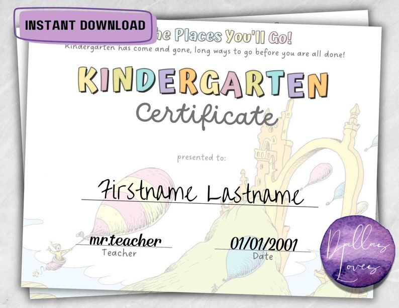 Oh the Places You’ll Go / Dr. Seuss / Kindergarten Certificate for ...