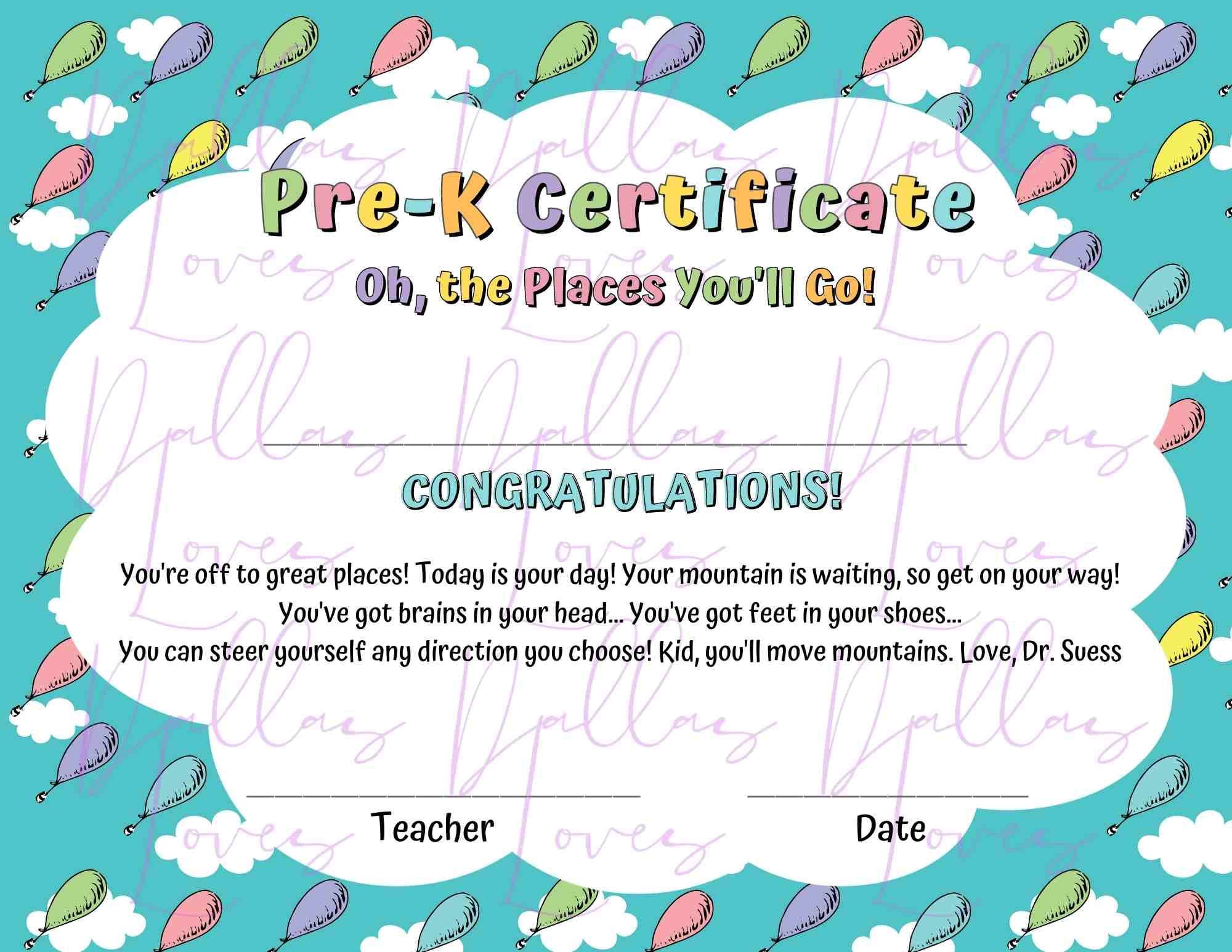 Oh the Places You’ll Go / Dr. Seuss / Pre-k Certificate for Graduation ...