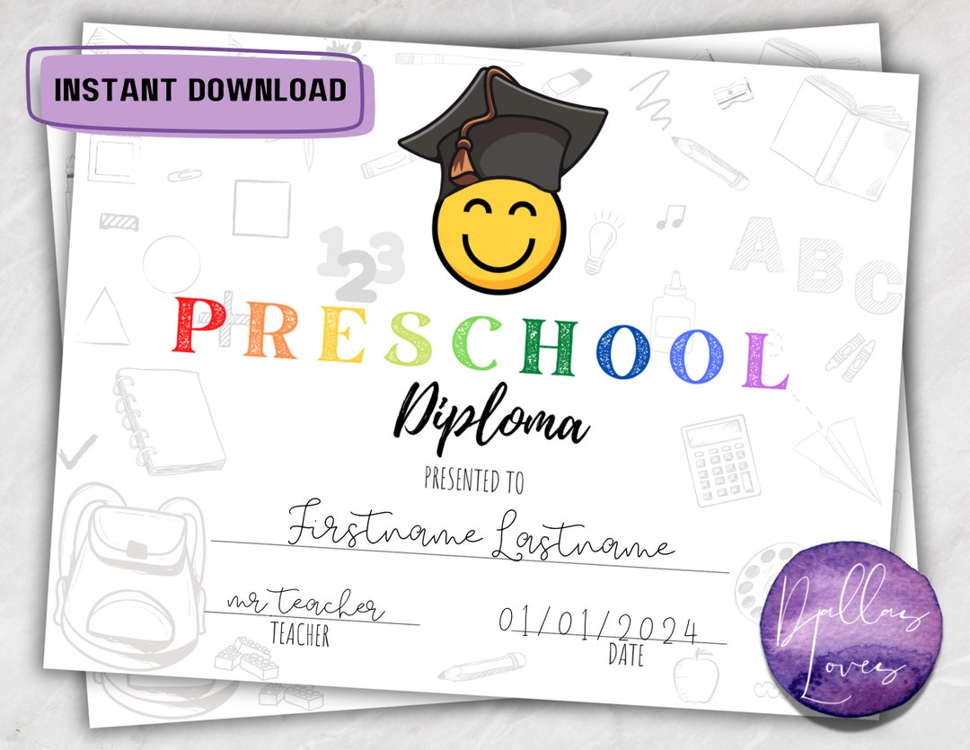Emoji Preschool Graduation Diploma / Simple Dimploma / Digital Download ...