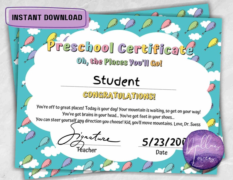 Oh the Places You’ll Go / Dr. Seuss / Preschool Certificate for ...