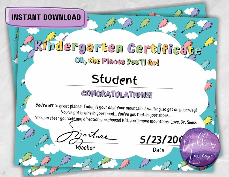 Oh the Places You’ll Go / Dr. Seuss / Kindergarten Certificate for ...