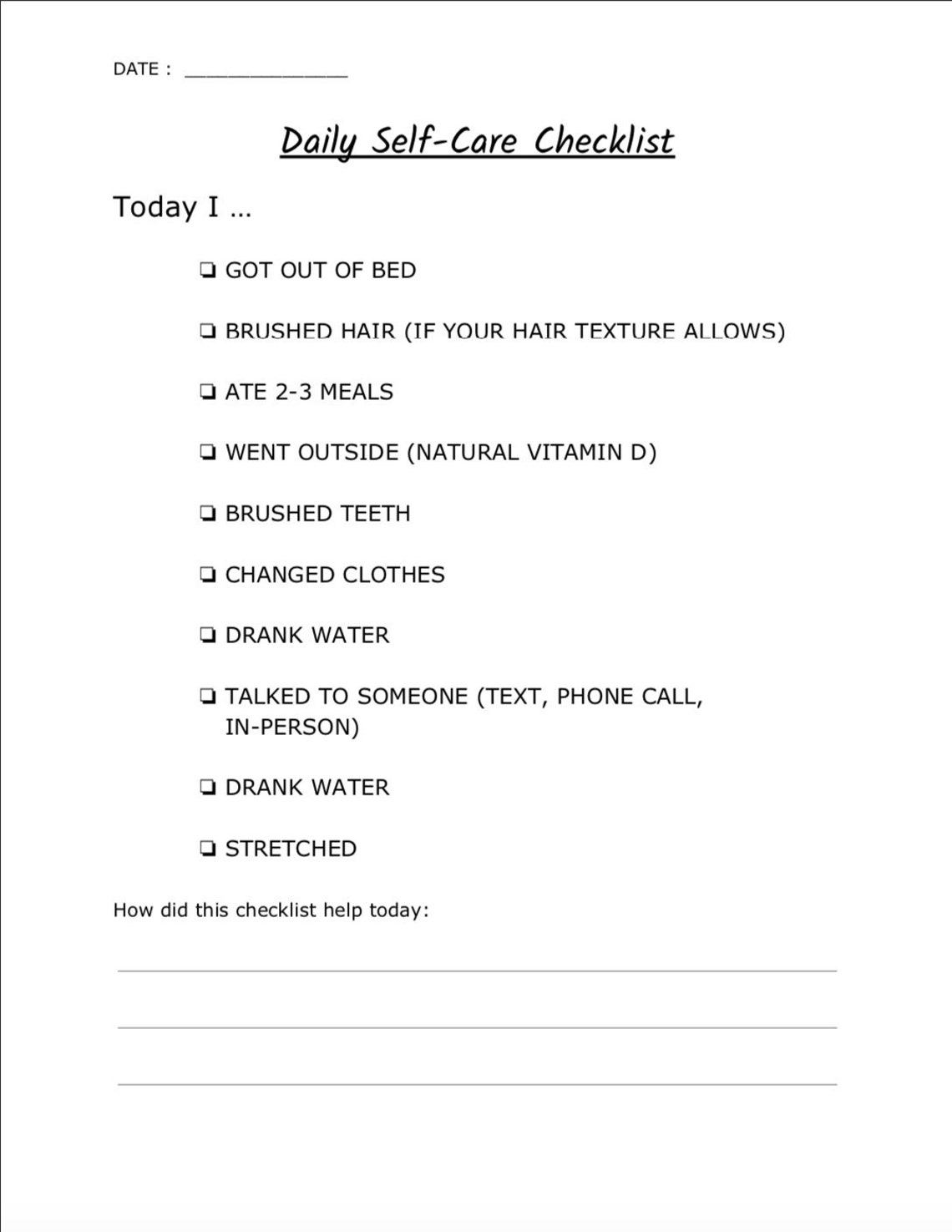 Printable Daily Self-Care Checklist Simple | Etsy
