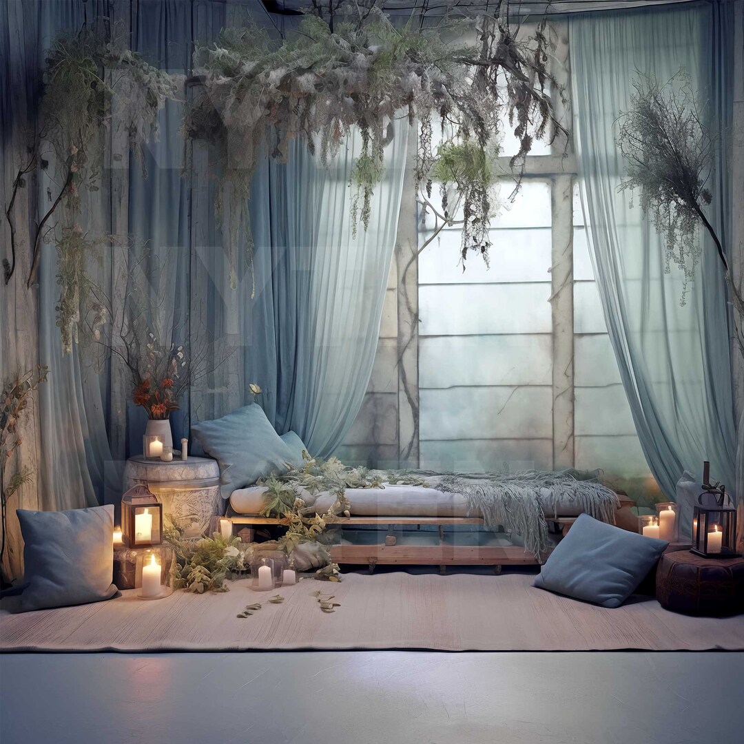 Blue Boho Digital Backdrop, Photo Shoot Backdrop, Overlays, Studio ...