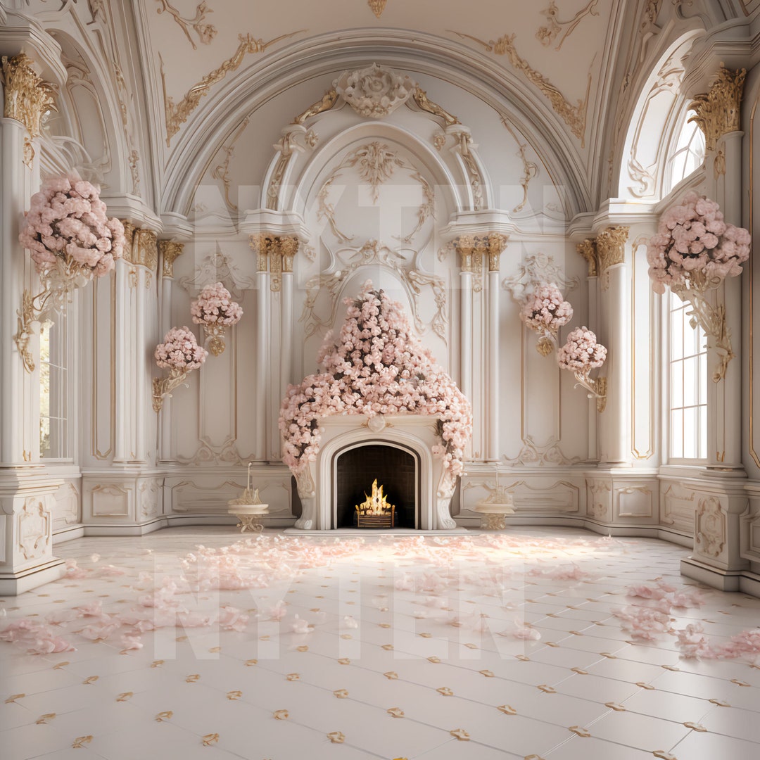 White Opulent Floral Room in a Fairytale Palace Digital Backdrop, Photo ...