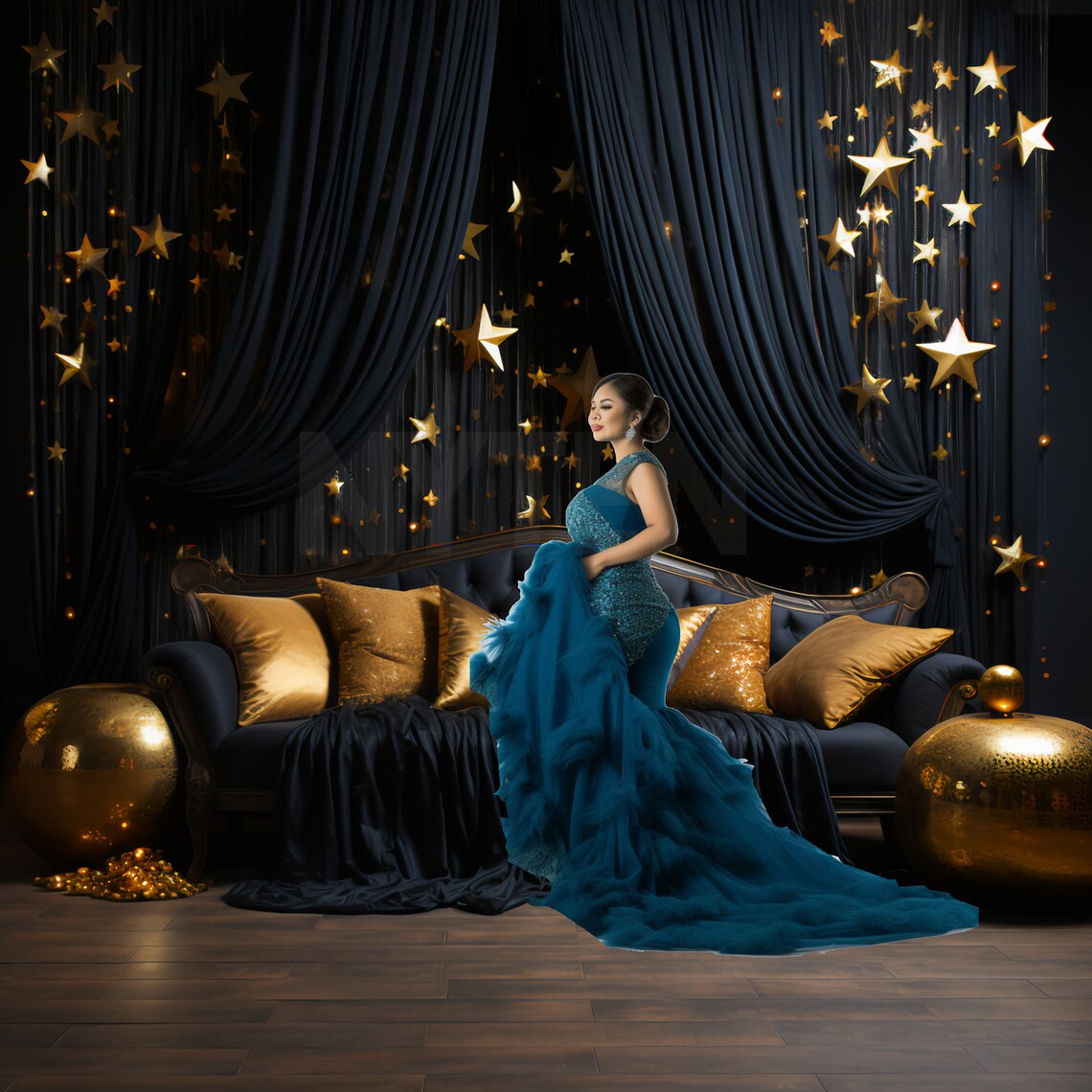 Gold Stars and Couch Dark Teal Digital Backdrop, Overlays, Studio ...