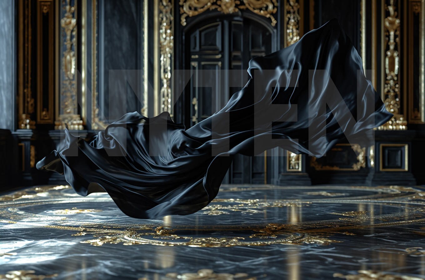 Black and Gold Room With Floating Black Silk Fabric Digital Backdrop ...
