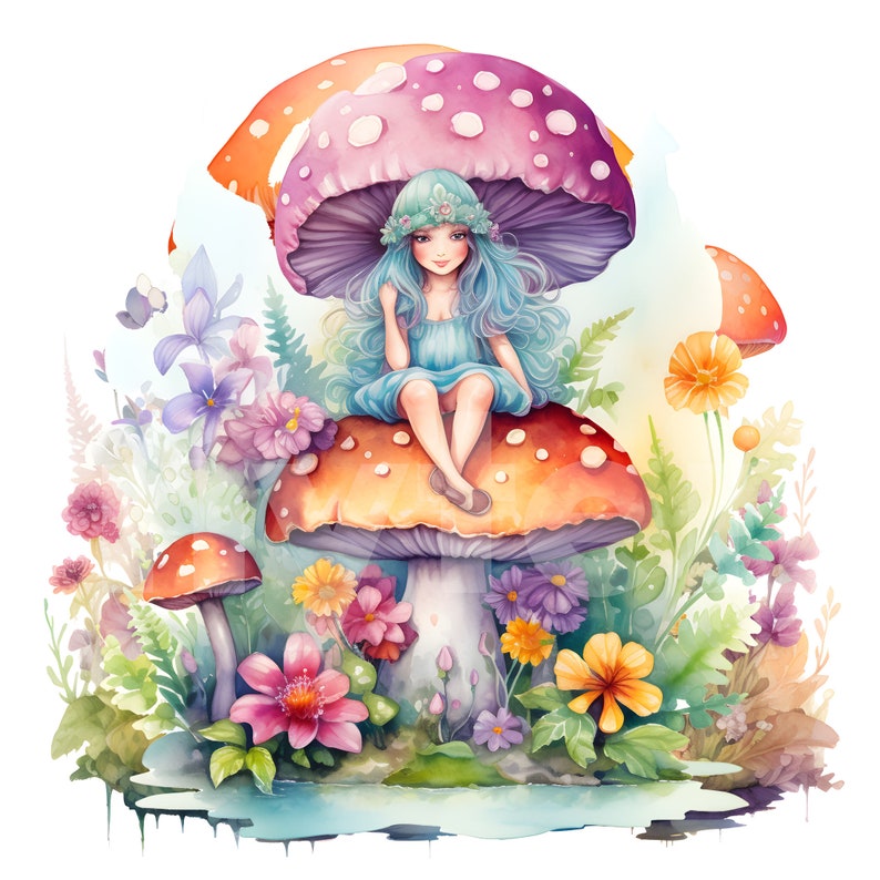 Fairy Girl on Toadstool Clip Art Edgy Fairytale Clip Art Watercolor ...