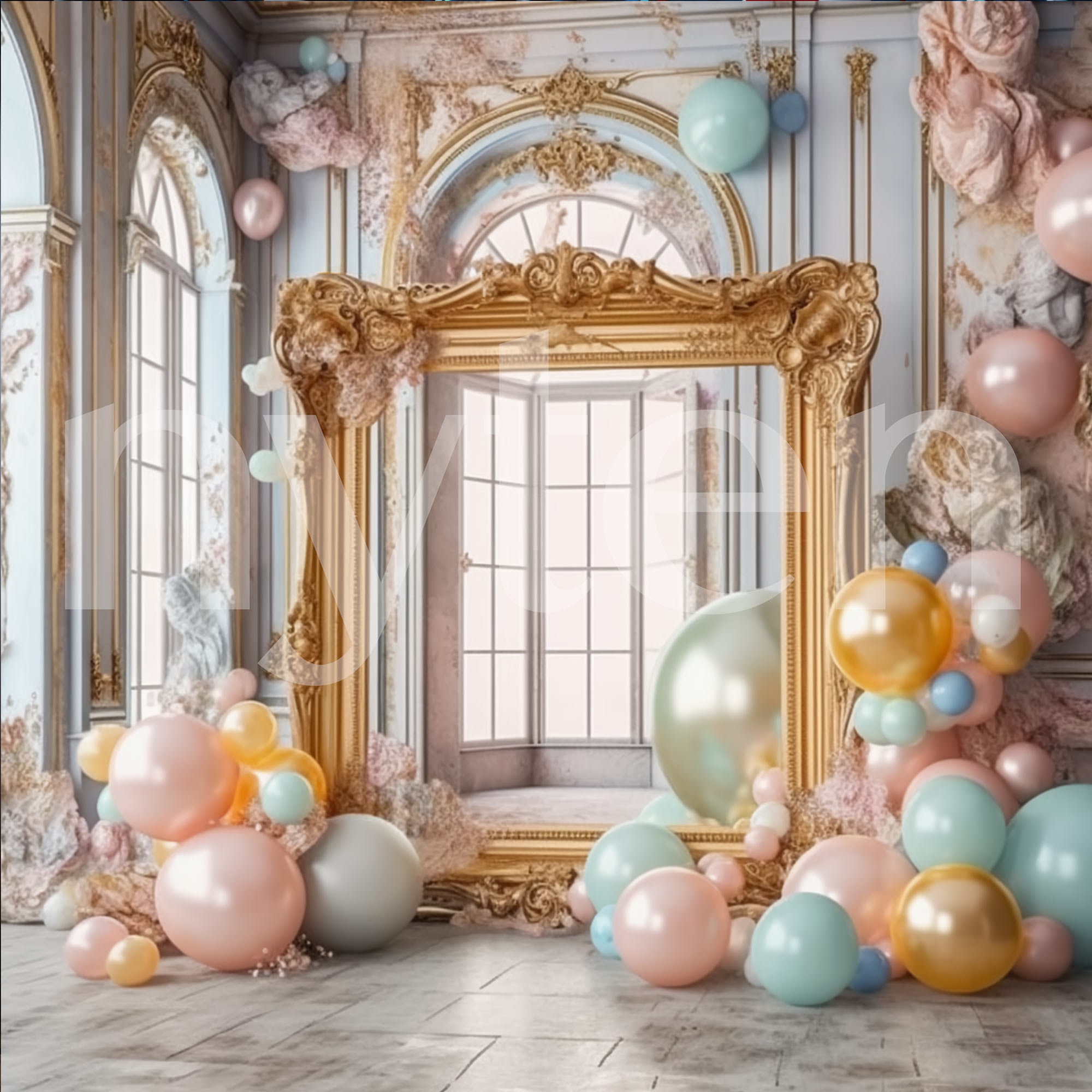 Baroque Gold Frame With Balloons Digital Backdrop I, Photo Shoot ...