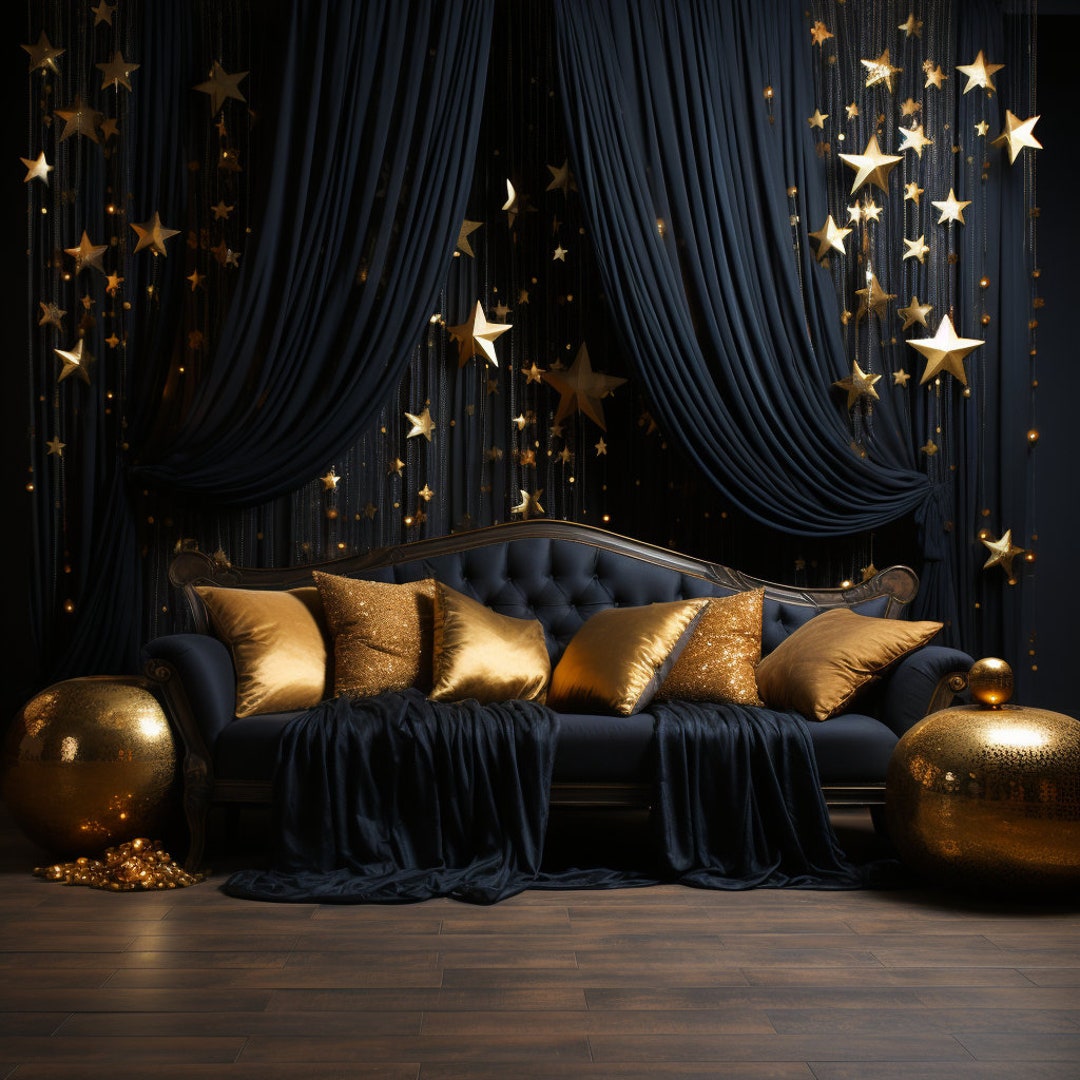 Gold Stars and Couch Dark Teal Digital Backdrop, Overlays, Studio ...