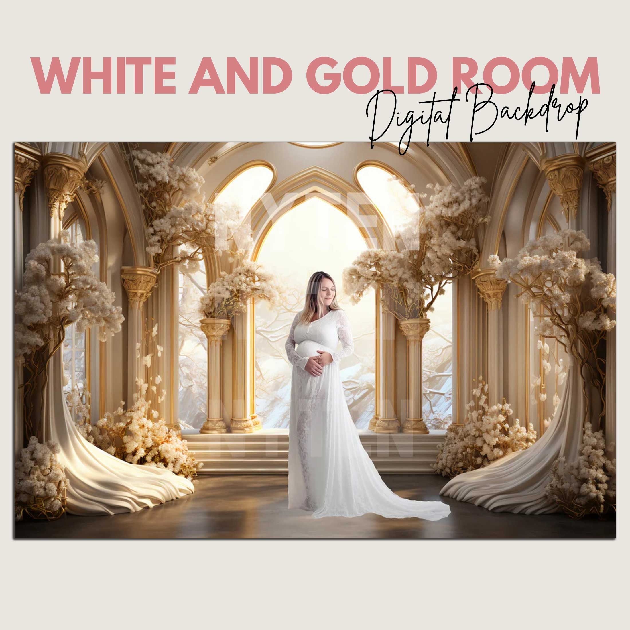 White and Gold Opulent Winter Room Digital Backdrop, Photo Shoot ...