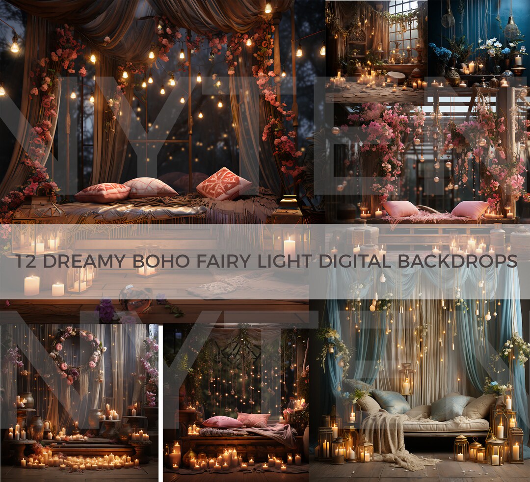 Dreamy Boho Fairy Light Digital Backdrop Bundle, 12 Photo Backgrounds ...