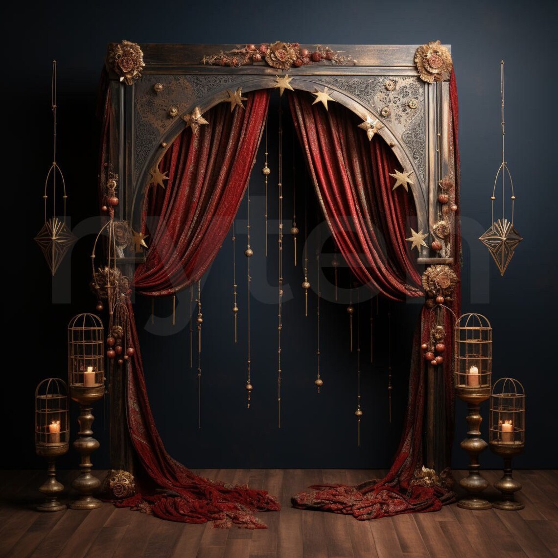 Elegant Boho Red Curtains Digital Backdrop , Overlays, Studio Backdrops ...