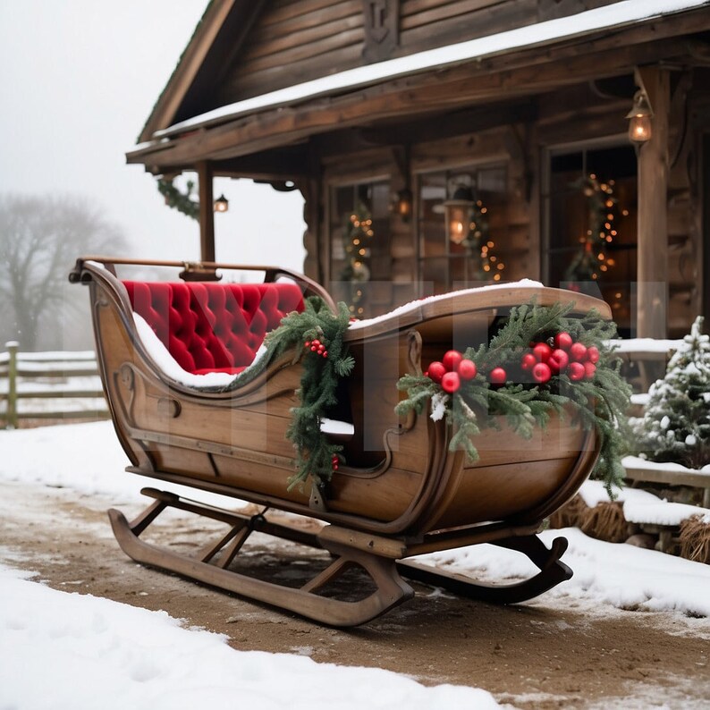 Vintage Sleigh Christmas Digital Backdrop: Holiday Photo Background ...