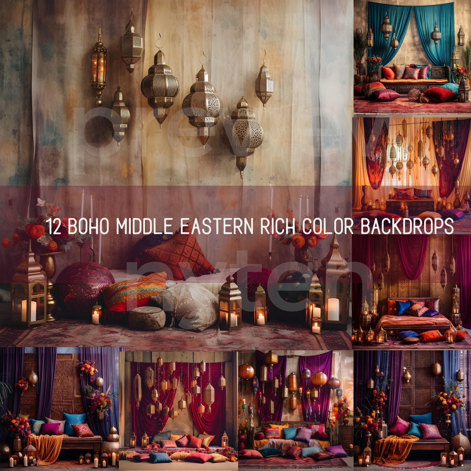 Boho Middle Eastern Jewel Tone Backdrop Bundle, 12 Photo Backgrounds ...