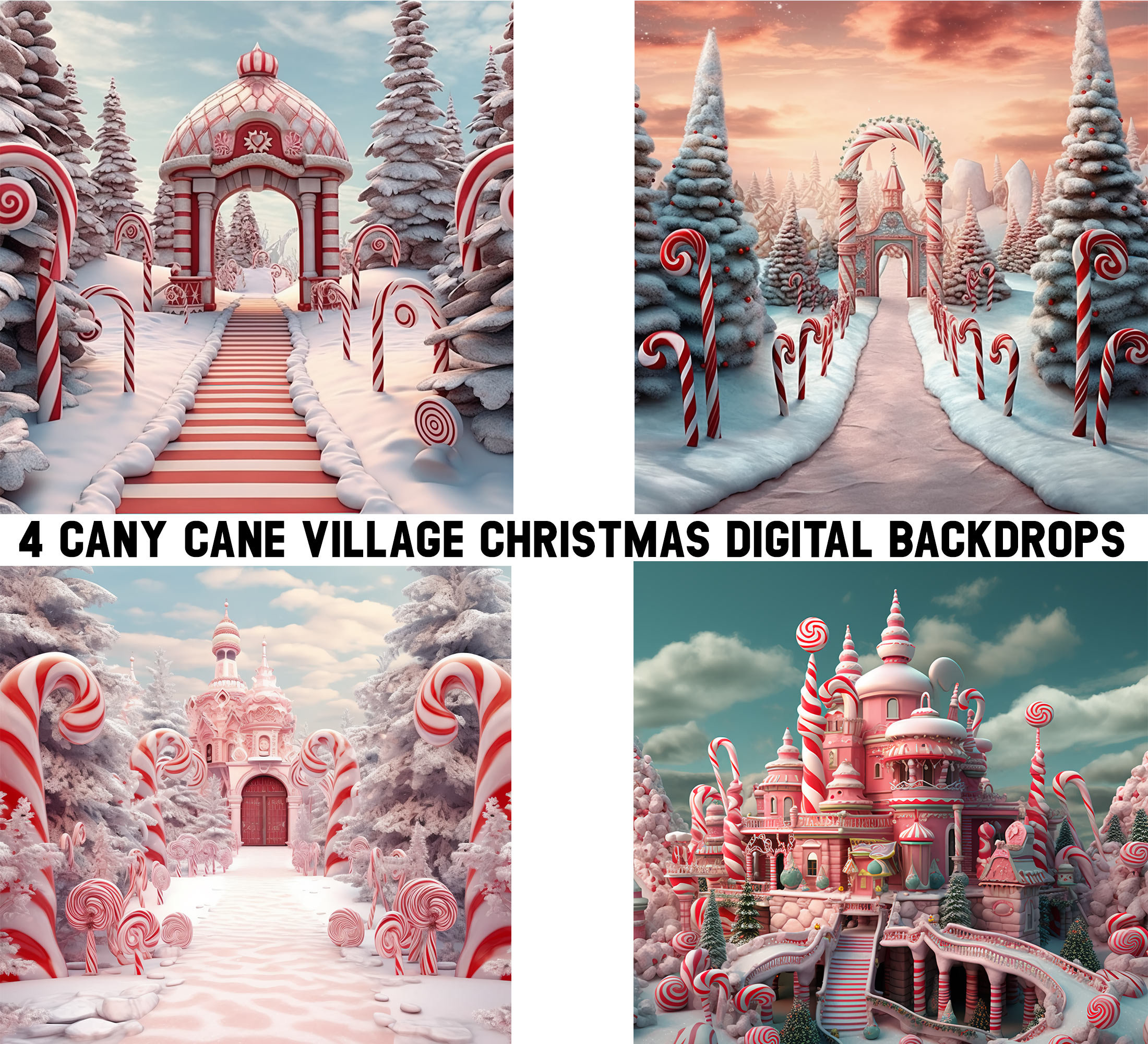 Holiday Christmas Candy Backdrop Bundle for Photo, 4 Candy Cane Village ...