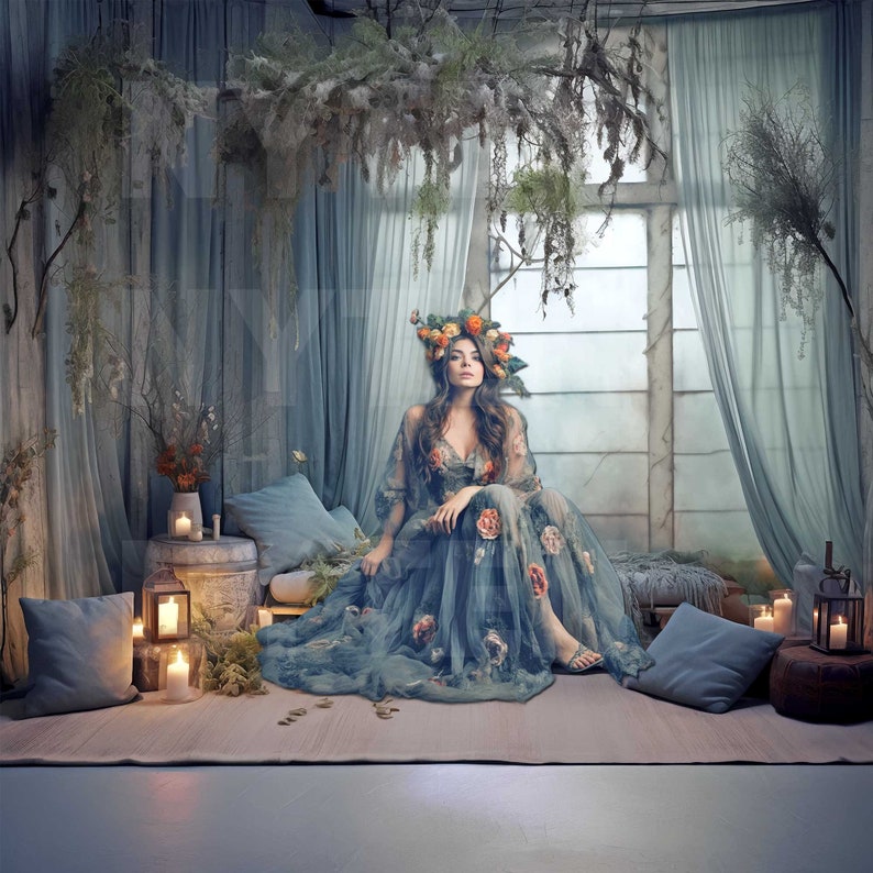 Blue Boho Digital Backdrop, Photo Shoot Backdrop, Overlays, Studio ...