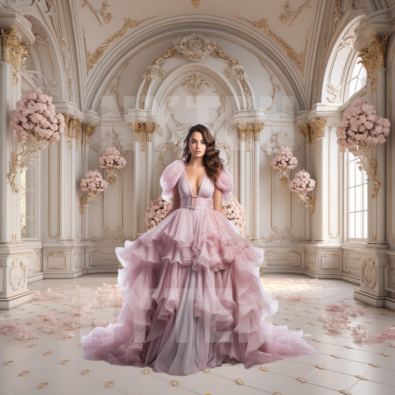 White Opulent Floral Room in a Fairytale Palace Digital Backdrop, Photo ...