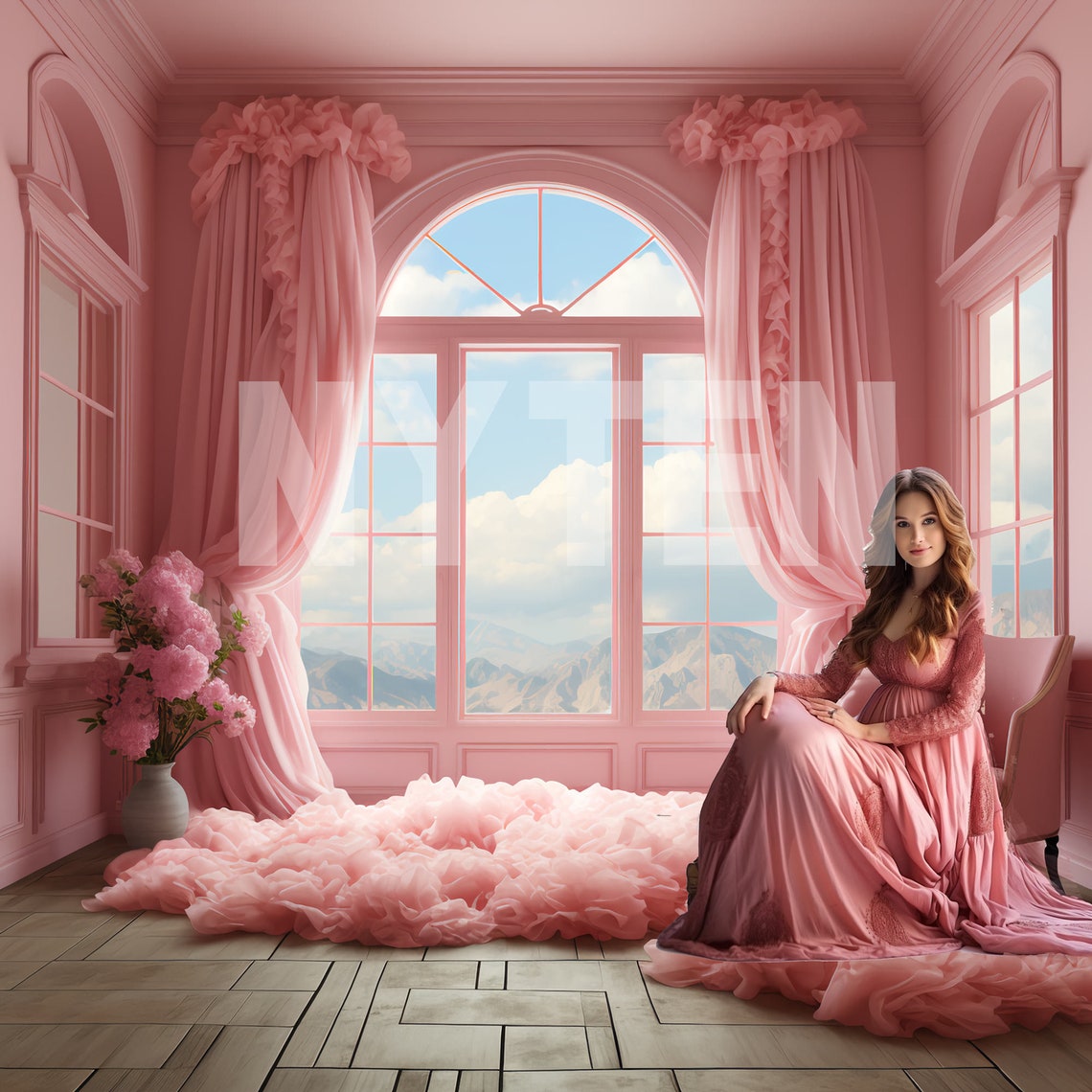 Elegant Pink Room With Mountain View Digital Backdrop , Overlays ...