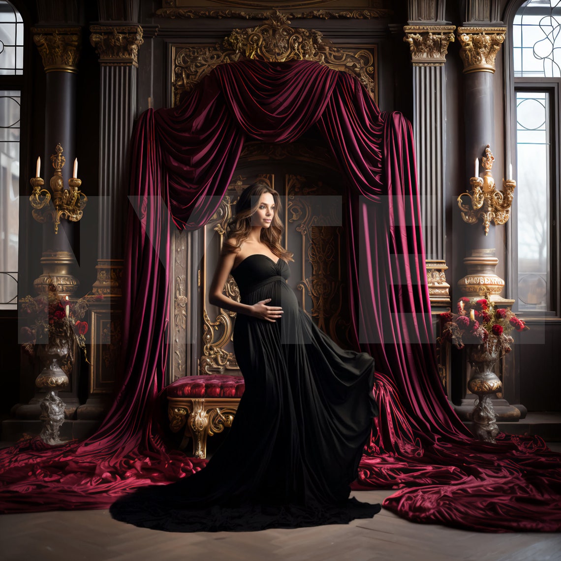 Elegant Ornate Room With Burgundy Drapes in a Backdrop, Photo Shoot ...
