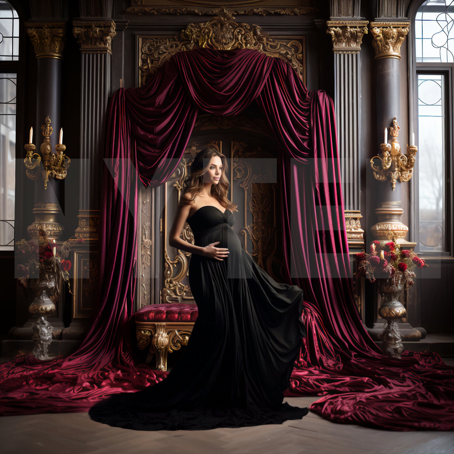 Elegant Ornate Room With Burgundy Drapes in a Backdrop, Photo Shoot ...