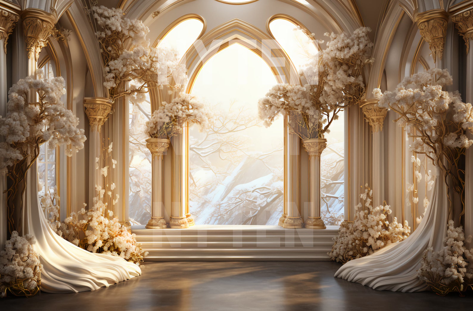 White and Gold Opulent Winter Room Digital Backdrop, Photo Shoot ...